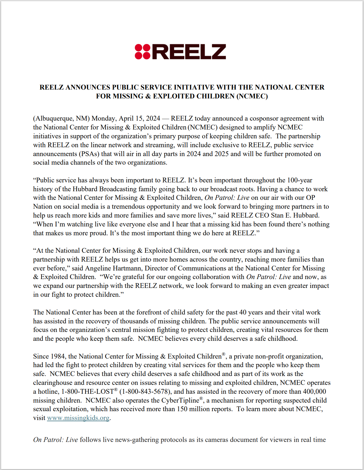 REELZ Cares & NCMEC Partnership - REELZ